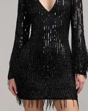 Mac Duggal Long Sleeve V-neck Beaded Fringe Mini Dress