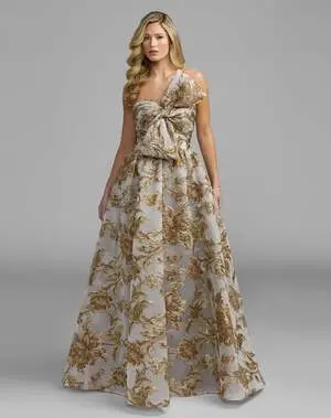 Mac Duggal Gold Floral Strapless Brocade Ball Gown With Bow