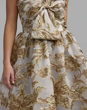 Mac Duggal Gold Floral Strapless Brocade Ball Gown With Bow