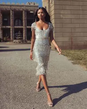 Mac Duggal Beaded Fringe Midi Dress