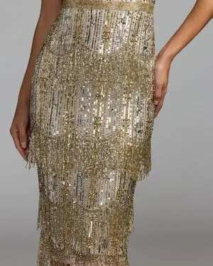 Mac Duggal Beaded Fringe Midi Dress