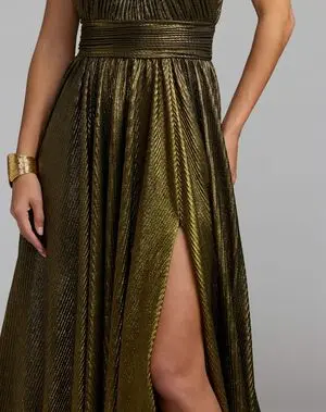 Mac Duggal Metallic Pleated Mock Neck Gown