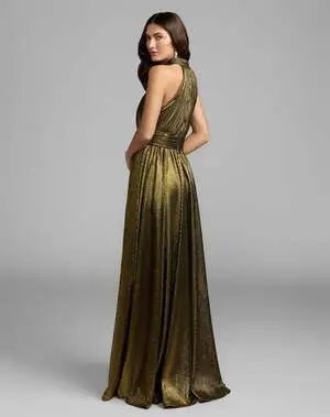 Mac Duggal Metallic Pleated Mock Neck Gown