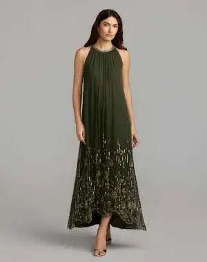 Mac Duggal Sleeveless Embellished Scallop Hem Trapeze Dress - Antique Green