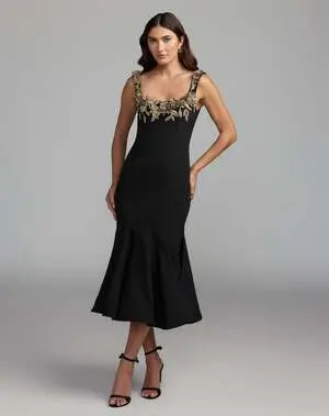 Mac Duggal 3d Floral Trumpet Midi Dress - Black