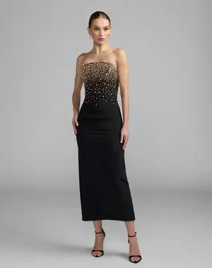 Mac Duggal Beaded Strapless Crepe Midi Dress