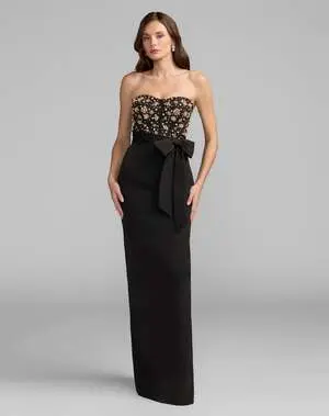 Mac Duggal Gold Strapless Embellished Bustier Gown With Bow - Black