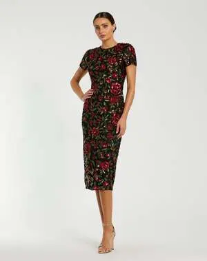 Mac Duggal Black High Neck Floral Embellished Midi Dress