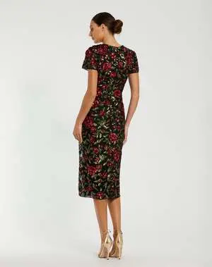Mac Duggal Black High Neck Floral Embellished Midi Dress
