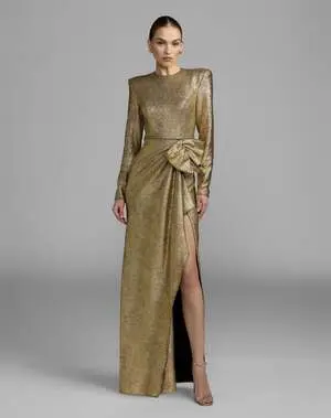 Mac Duggal Metallic Long Sleeve Structured Bow Draped Gown