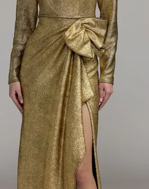 Mac Duggal Metallic Long Sleeve Structured Bow Draped Gown