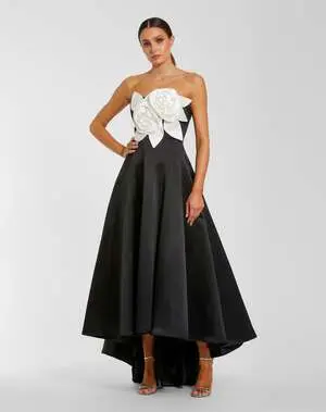 Mac Duggal Ivory Strapless Satin High Low Gown With 3d Flowers - Black