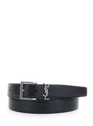 Saint Laurent Belt With Cassandre Plate On The Front And Adjustable Buckle In Leather For - Black