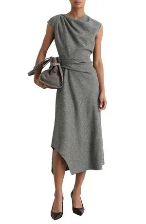 REISS Clara Glen Plaid Asymmetric Hem Wool Blend Dress - Grey