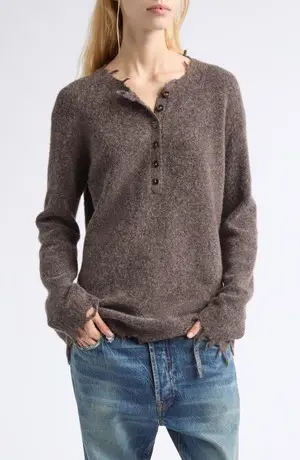 R13 Relaxed Distressed Henley Sweater - Brown