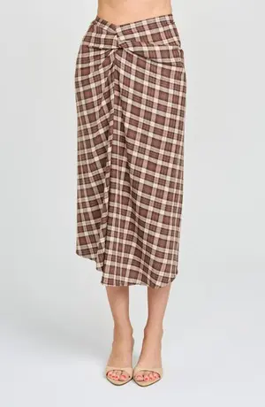 WAYF Laurel Plaid Drape Detail Cotton Skirt - Brown