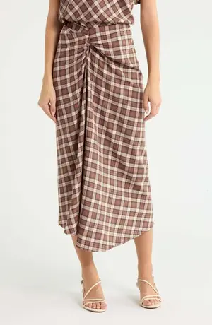 WAYF Laurel Plaid Drape Detail Cotton Skirt - Brown