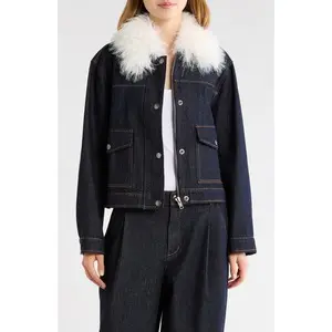 WAYF Sawyer Faux Fur Collar Denim Jacket - Dark Navy