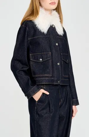 WAYF Sawyer Faux Fur Collar Denim Jacket
