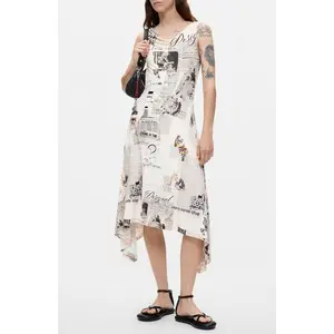 Desigual Newspaper Print Handkerchief Hem Dress