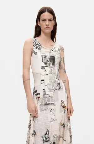 Desigual Newspaper Print Handkerchief Hem Dress