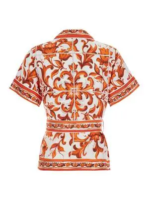 Dolce & Gabbana Orange Shirt With All-over Maiolica Print And Waist Belt In Silk For - Multicolor