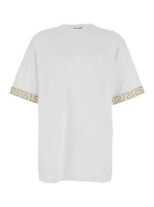 Versace Crew Neck T-shirt With Greca Motif On The Sleeves In Tech Fabric White - Multicolor