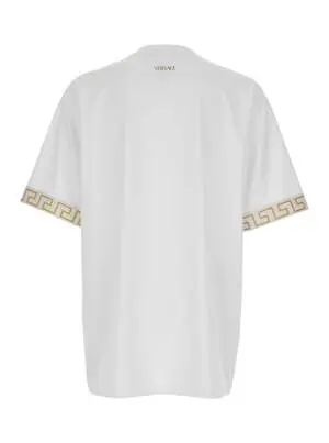 Versace Crew Neck T-shirt With Greca Motif On The Sleeves In Tech Fabric White - Multicolor