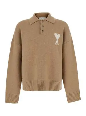 AMI Paris Beige Sweater With Polo Collar And Adc Embroidery On The Front In Wool For - Cream