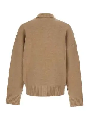 AMI Paris Beige Sweater With Polo Collar And Adc Embroidery On The Front In Wool For - Cream