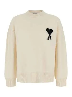 AMI Paris Crewneck Sweater With Adc Embroidery On The Front In Wool For - White