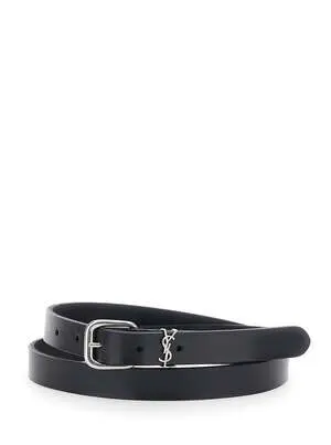 Saint Laurent Belt With Cassandre Plate On The Front And Adjustable Buckle In Leather For - Black