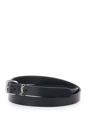 Saint Laurent Belt With Cassandre Plate On The Front And Adjustable Buckle In Leather For - Black