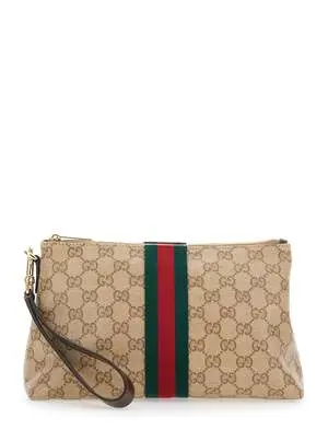 Gucci Beige Clutch With Removable Wrist Strap And Web Detail In Gg Canvas For - Multicolor
