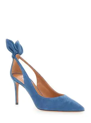 AQUAZZURA Blue Pointed Toe Pump With Bow Detail In Suede For - Multicolor
