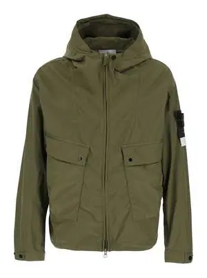 Stone Island Hooded Jacket With Buttons And Logo Patch On Sleeve In Tech Fabric For - Green
