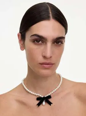 SELF-PORTRAIT White Necklace With Bead Design And Central Bow In Bronze For - Multicolor