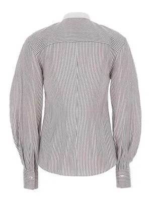 Brunello Cucinelli Brown Shirt With All-over Stripe Motif And Balloon Sleeves In Silk For - Multicolor