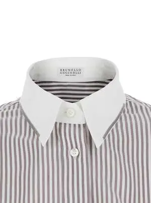 Brunello Cucinelli Brown Shirt With All-over Stripe Motif And Balloon Sleeves In Silk For - Multicolor