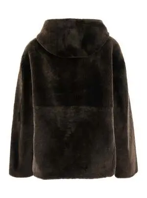YVES SALOMON Brown Shearling Jacket With Fixed Hood In Fur For