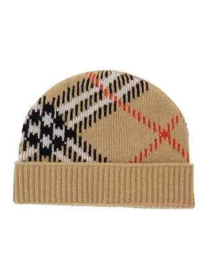 Burberry Beige Hat With Check Motif And Wool Cuff For - Multicolor