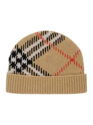 Burberry Beige Hat With Check Motif And Wool Cuff For