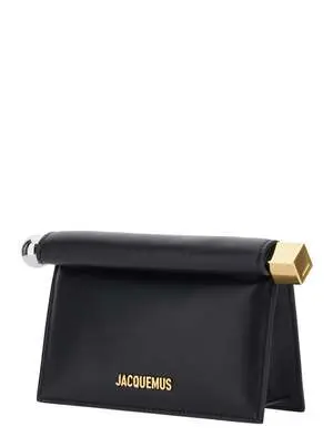 Jacquemus La Petite Pochette Rond Carre' Pouch With Logo Lettering On The Front In Leather - Black