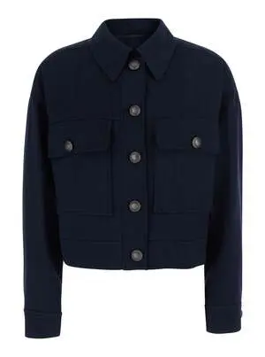 Brunello Cucinelli Blue Crop Jacket With Classic Collar And Monile Decoration In Wool For - Multicolor
