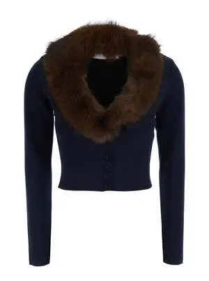 SELF-PORTRAIT Cardigan In Knit With Synthetic Fur And Long Sleeves In Blue For - Multicolor