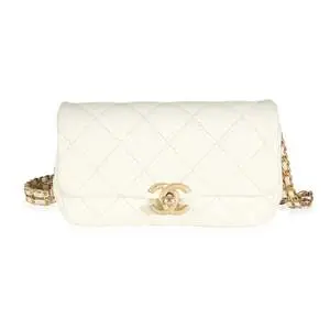CHANEL White Quilted Caviar Chain Melody Waist Belt Bag