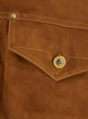 Versace Beige Jacket With Classic Collar And Logoed Jewel Buttons In Suede For