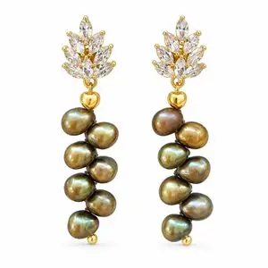 Way To Chic Freshwater Pearl Crystal Leaf Statement Earrings - Green