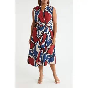 Anne Klein Print Surplice Midi Dress - Rust Multi
