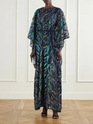 TALLER MARMO Firefly Belted Draped Sequined Tulle Gown - Multi